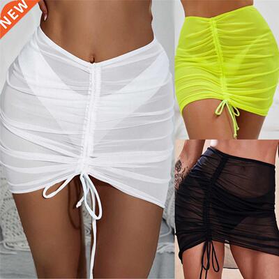 Women Mesh Swimsuit ver Up Sheer Skirt drawstring Beach Wrap