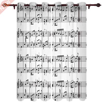Tab Music Note Black White Window Curtains for Bedroom