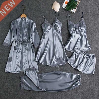 Sleepwear Female 5PCS Pajamas Set Satin Pyjamamas Lace Patch
