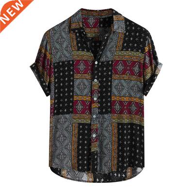 Men Shirt Ethnic Printed Shirts Summer Retro Vintage Streetw