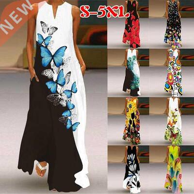 Summer Sleeveless Maxi Dresses Women Vintage Flowers Printed