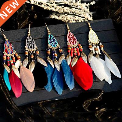 Bohemian Long Feather Dangle Earrings for Women Beach Chain
