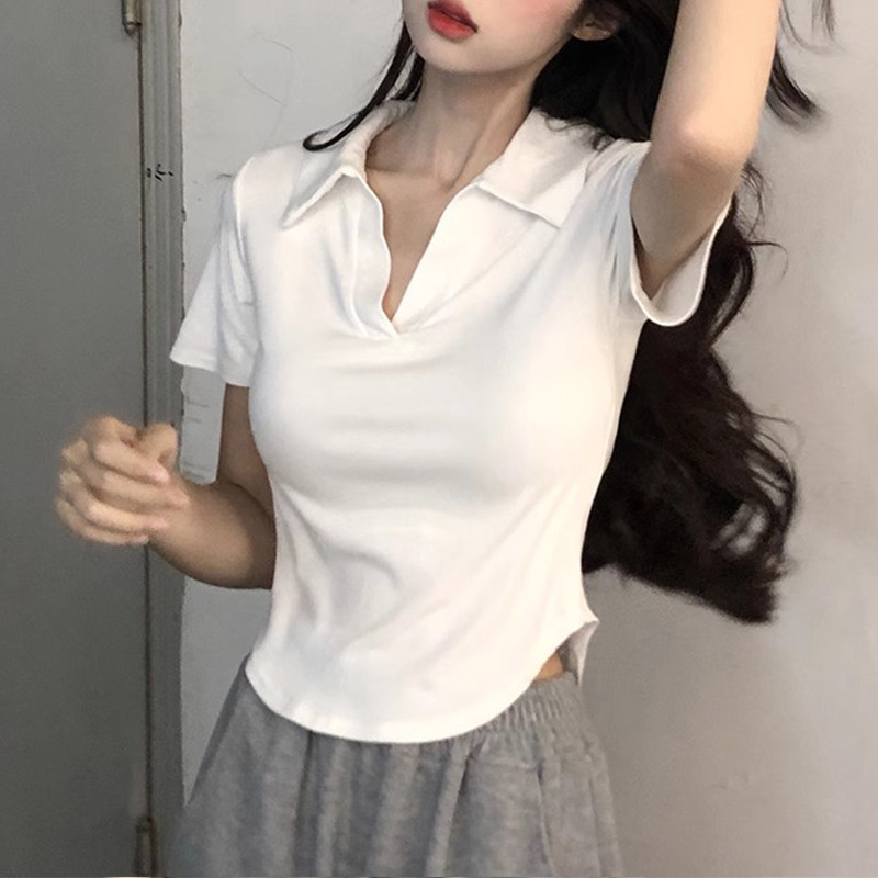 2026夏季新款正肩polo白色短袖T恤女独特漂亮超好看小衫短款上衣