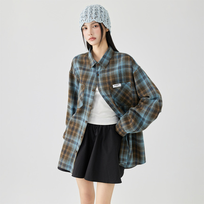 GOLFCROSS美式复古格子衬衫男女同款春秋季新款宽松休闲长袖衬衣