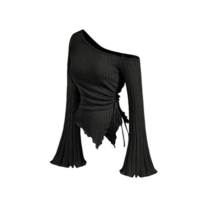 女士露肩喇叭袖不规则下摆上衣