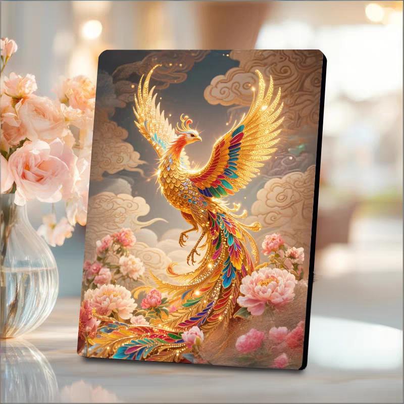 牡丹金凤凰木制圆盘相框摆件客厅玄关办公室桌面摆台送朋友送长辈