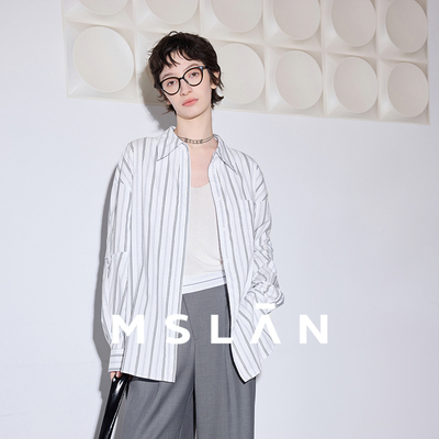 后排扣|MSLAN淡人高知风 简约率性条纹蓝色长袖衬衫外套女