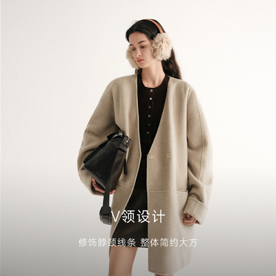 MSLAN慵懒叠穿 针织披肩羊毛混纺外套轻熟两件套V领毛呢大衣25冬