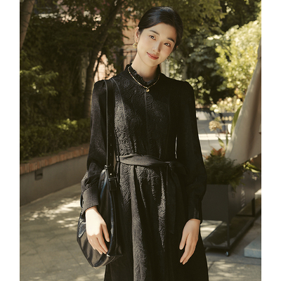 MSLAN法式蕾丝 拼接长裙高级感黑色重工立领长袖显瘦连衣裙