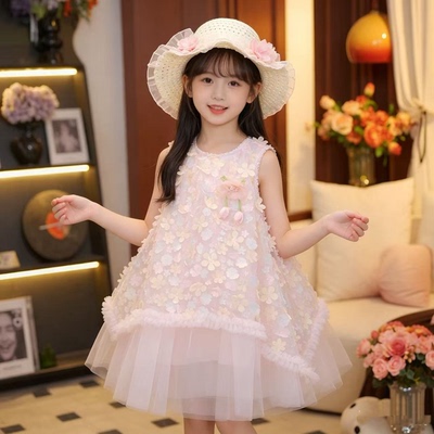 【YC】【送帽子胸针】夏季新款女童立体花朵网纱公主连衣裙HCF278
