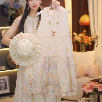 【BK】【送项链帽子】夏季新款儿童洋气镂空蕾丝花边连衣裙HCF277