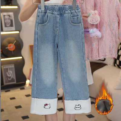 冬季新款儿童时尚百搭牛仔裤女宝宝卡通kt加绒加厚长裤HCD317