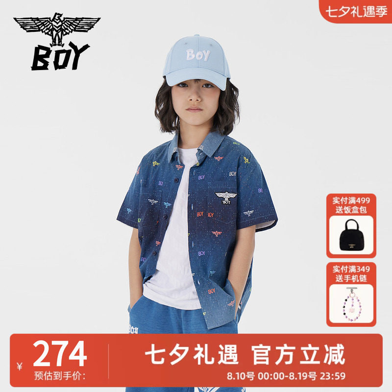 BOY 童装儿童短袖衬衫春夏字母印花深蓝牛仔色上衣男童女童