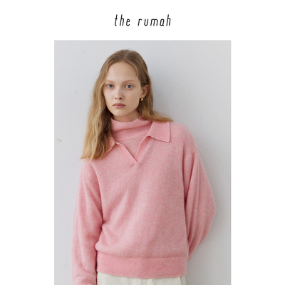 马卡龙色羊驼毛针织毛衣polo领