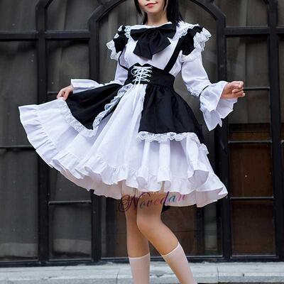 Men Women Maid Outfit Anime Sexy Black White Apron Dress Swe