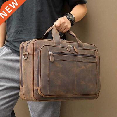 Nesitu Large Brown Black Coffee Genuine Leather Briefcase Ma