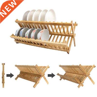 Dish Rack Bamboo Rack Folding 2-Tier Collapsible Drainer