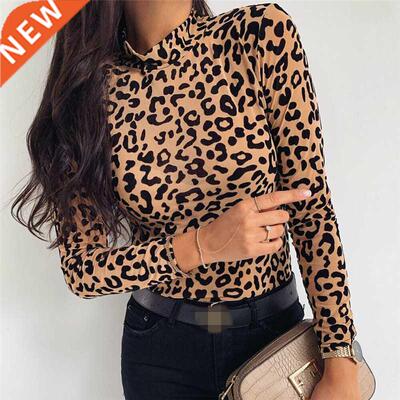 Women Blouses Fashon Leopard Prnt Turtle Neck Blouse Autum