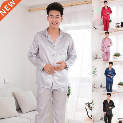 Silk Men Pajamas Set two-piece Solid Color Fashion Men's Lon