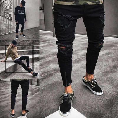Mens Cool Designer Brand Black Jeans Skinny Ripped Destroyed
