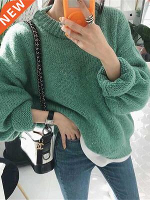 Aachoae Sweater Women 2021 Autumn Winter Solid O Neck Pullov
