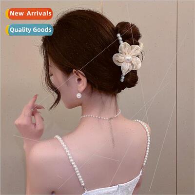 Mesh Flower Pearl Grab Clip Elegant Shark Clip Premium Feeli