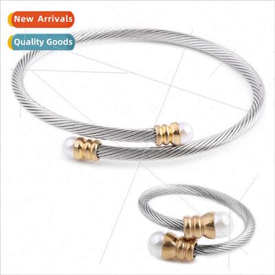 304 Stainless simple inlaid pearl adjustable bracelet cable