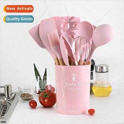 Pink Wooden Handle licone Kchenware 11pcs Non Stick Cooking