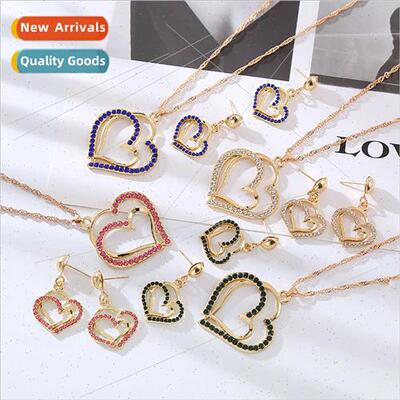 New set double love heart peach heart-shaped earrings neckla