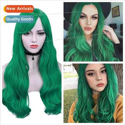 Europe wigs big waves green angled bangs long curly hair gre