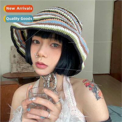 Bohemian color clashing basin hat striped crochet handmade M