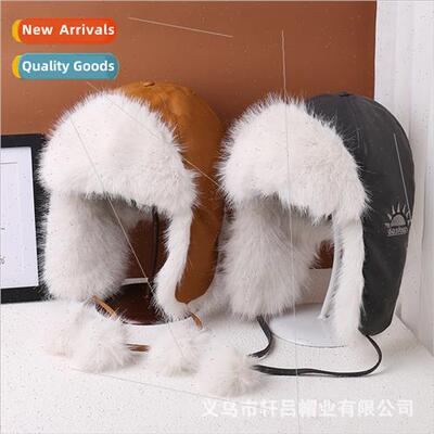Hairball lace-up soft leather Lei Feng cap fall winter North