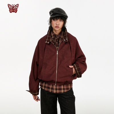 Kblc复古暗红色立领格子拼接斜纹环保PU褪色洗水中性款哈灵顿夹克