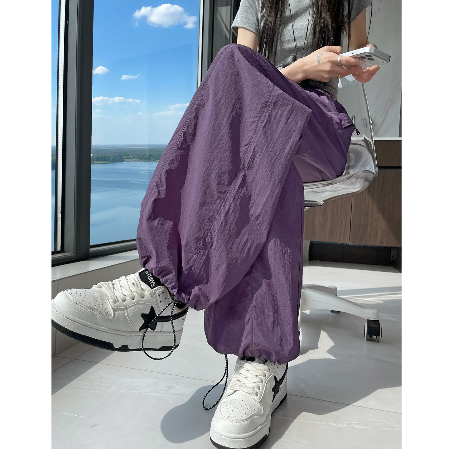 速干美式工装裤女夏薄款2026新款冰丝抽绳冲锋登山伞兵束脚运动裤
