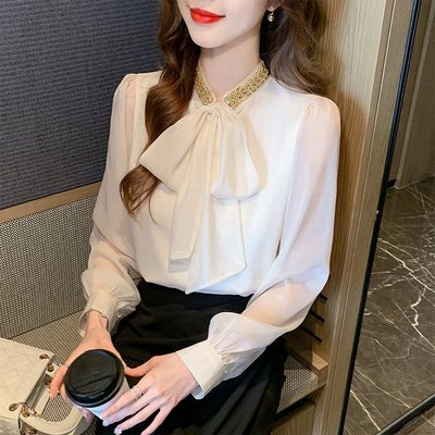 法式高级感长袖雪纺衬衫女春装2026年新款亮片蝴蝶结显瘦气质上衣