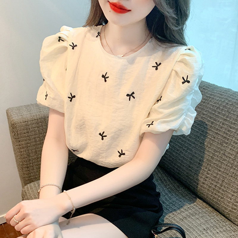 蝴蝶结印花短袖雪纺衫女夏季2026新款法式独特别致减龄泡泡袖上衣