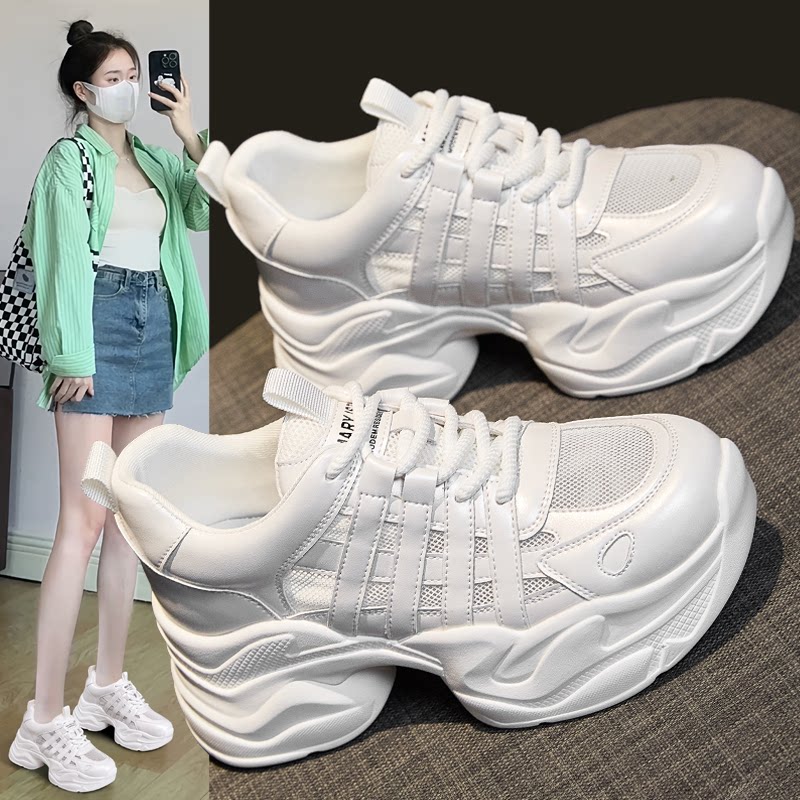 2026超火巨好看厚底老爹鞋子女春季新款白色休闲增高透气网面夏季