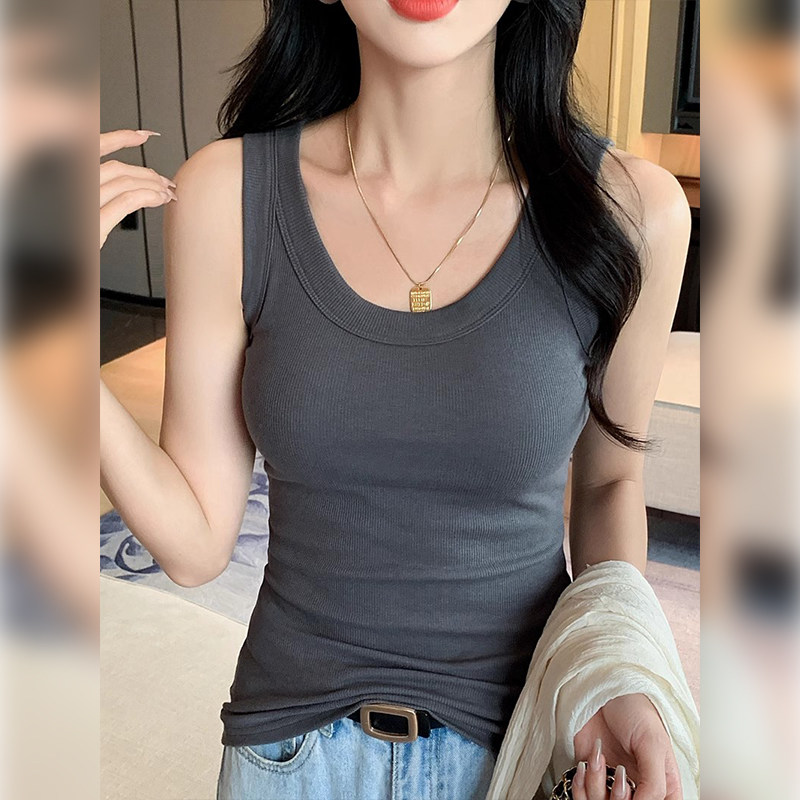 螺纹灰色针织吊带背心女夏内搭免穿文胸美背运动新款工字胸垫一体