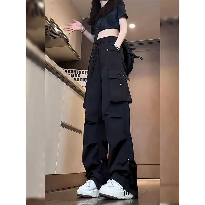 黑色美式工装裤女2026新款夏季多口袋高腰直筒长裤大码宽松阔腿裤