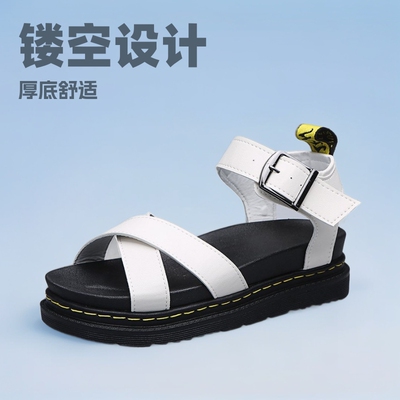 外贸2025新款厚底一字型交叉纯色扣带大码 镂空罗马凉鞋女Sandals
