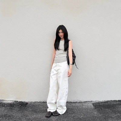 antceee 中高腰廓形直筒白色牛仔裤 抗邹纯棉宽松阔版牛仔长裤