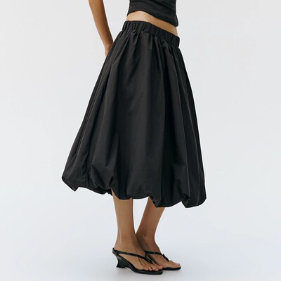 antceee 纯色褶皱工艺双侧口袋立体感花苞裙舒适高质感半身裙长裙