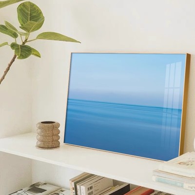 北欧简约蓝色大海装横版饰画唯美仿油画风景高级感卧室客厅摆挂画