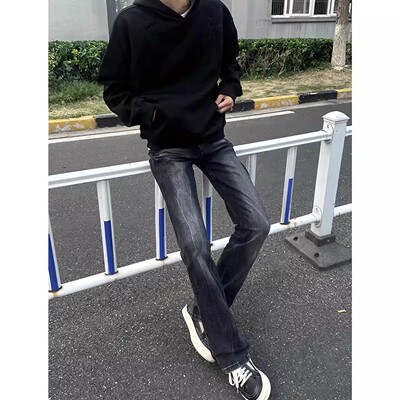 美式高街vibe风水洗黑灰弹力牛仔裤男春夏季cleanfit修身微喇裤子