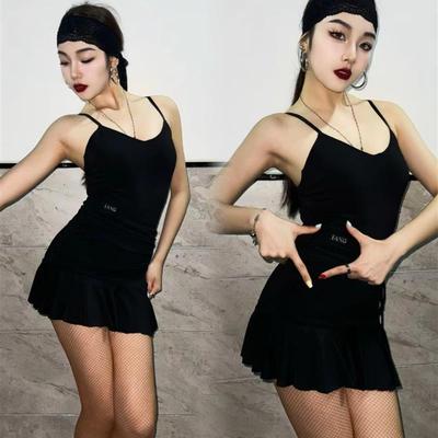 拉丁舞服新款吊带A连体衣抽褶不规则半身裙短款显腿长练舞套装