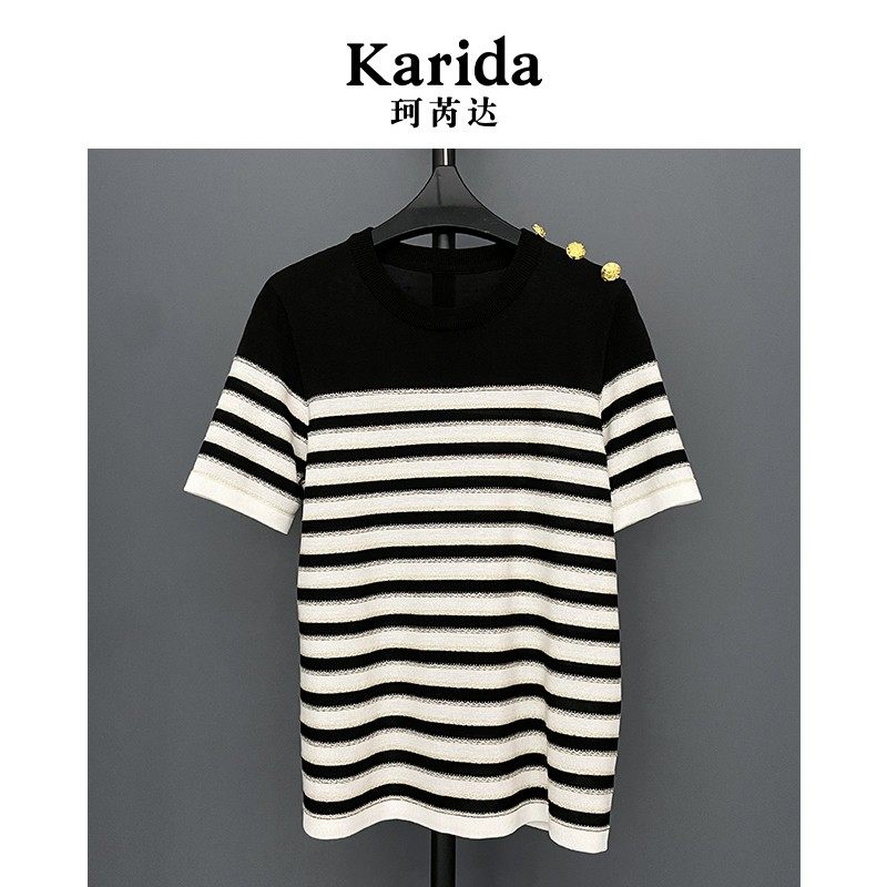 Karida/珂芮达【繁华时代】法式气质小香风条纹设计感短袖针织衫_虎窝淘