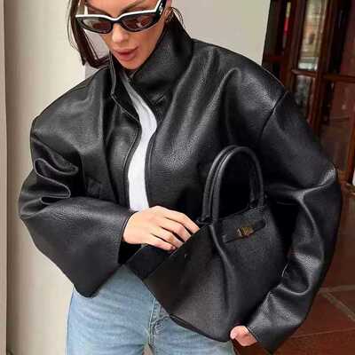 高级感黑色PU皮革夹克设计感外套Standing collar leather jacket