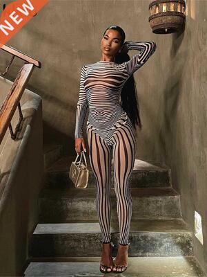 Kliou Mesh Striped Two Piece Set Women Sheath Body-Shaping H