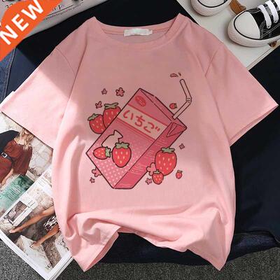 Japan Strawberry Juice Graphic Print T-shirt Women New Summ