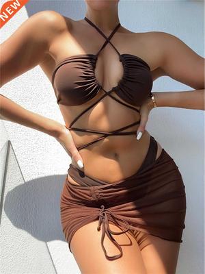 3 Pieces Me Skirt Swimsuit Women Halter Micro Bikini 2021